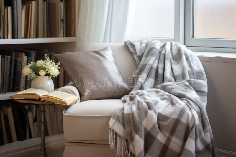 Cozy Reading Nook with Soft Throw Blanket Stock Illustration ...