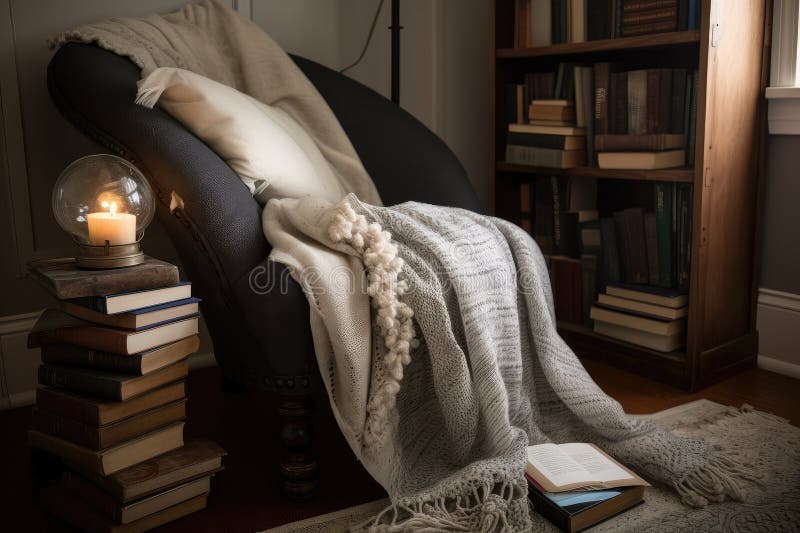 A Cozy Reading Nook with Brown Leather Chair, a Stack of Books, and a ...
