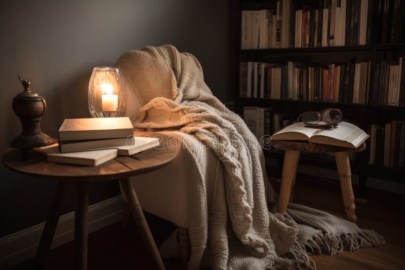 A Cozy Reading Nook with Brown Leather Chair, a Stack of Books, and a ...