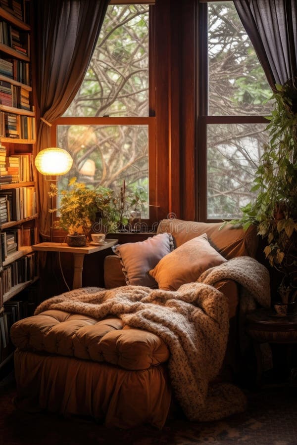 A Cozy Reading Nook with a Stack of Books Stock Illustration ...