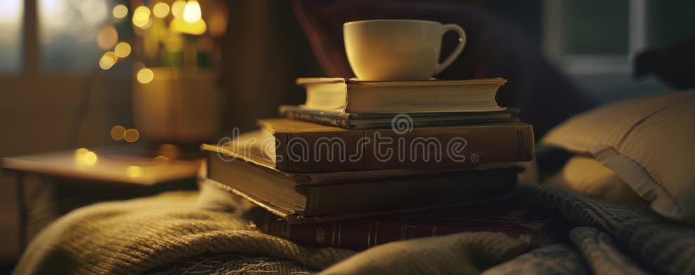 A Cozy Reading Nook, with a Stack of Books, a Cup of Tea, and Soft ...