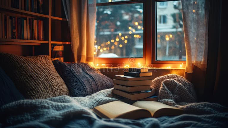 Cozy Reading Nook with a Stack of Books and Soft Lighting. Stock Photo ...