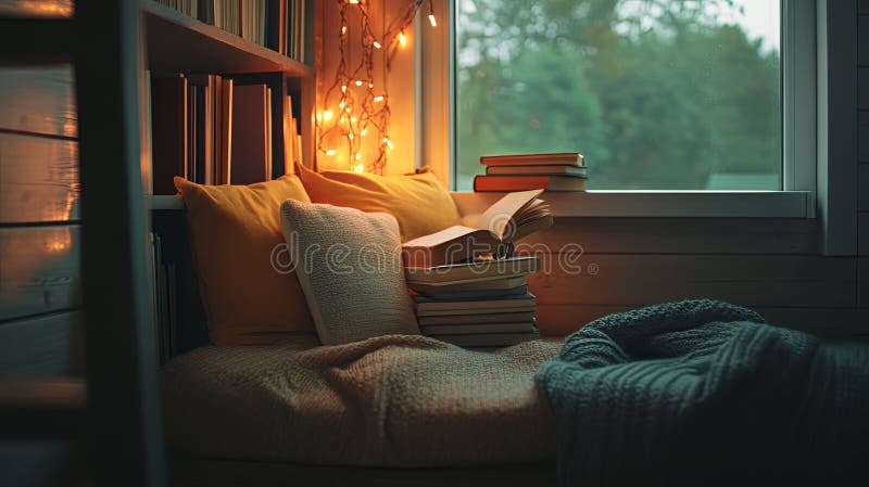 Cozy Reading Nook with a Stack of Books and Soft Lighting. Stock Photo ...