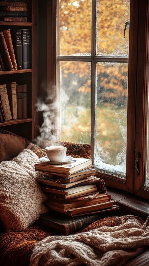 A Cozy Reading Nook with a Stack of Books and a Steaming Cup of Tea by ...