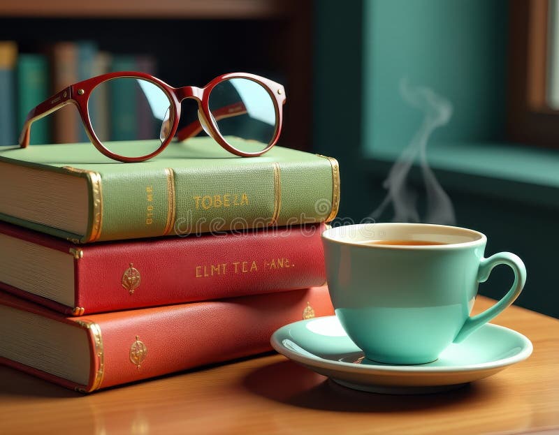 Cozy Reading Nook Stack of Books, Teacup, and Glasses Stock ...