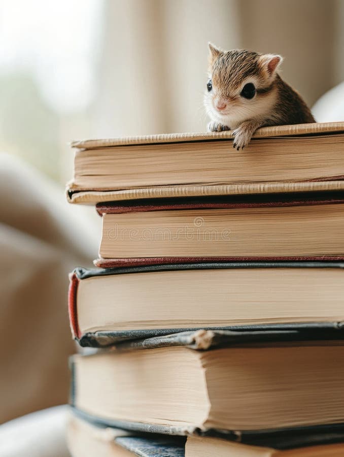 Cozy Reading Nook with a Stack of Books and Tiny Animals Peeking Out in ...