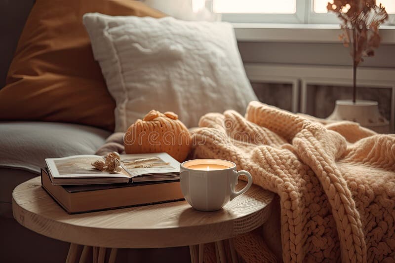 Cozy Reading Nook with Stack of Books and Warm Tea Stock Image - Image ...