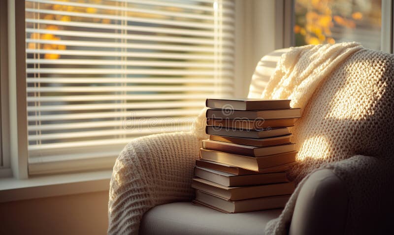 Cozy Reading Nook with Stacked Books and Warm Sunlight Streaming ...
