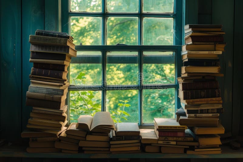 Cozy Reading Nook with Stacks of Books by Window Stock Image - Image of ...