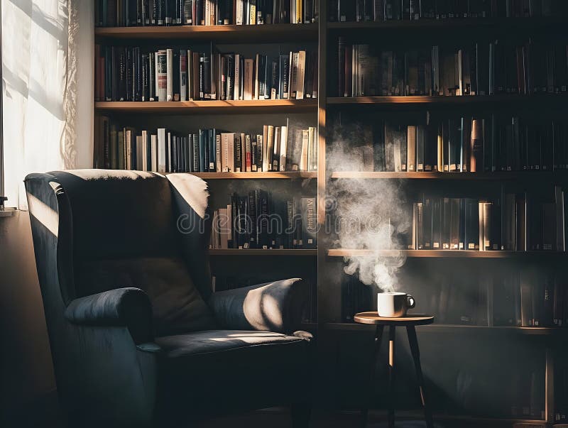 A Cozy Reading Nook with a Steaming Cup of Coffee beside a Bookshelf ...