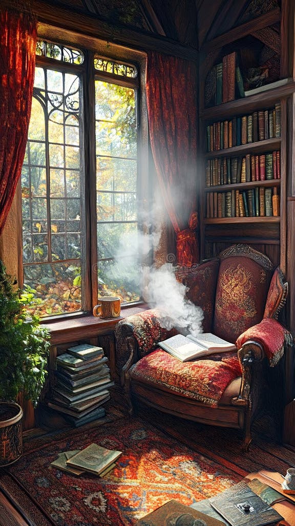 Cozy Reading Nook with a Steaming Cup of Tea. Stock Image - Image of ...