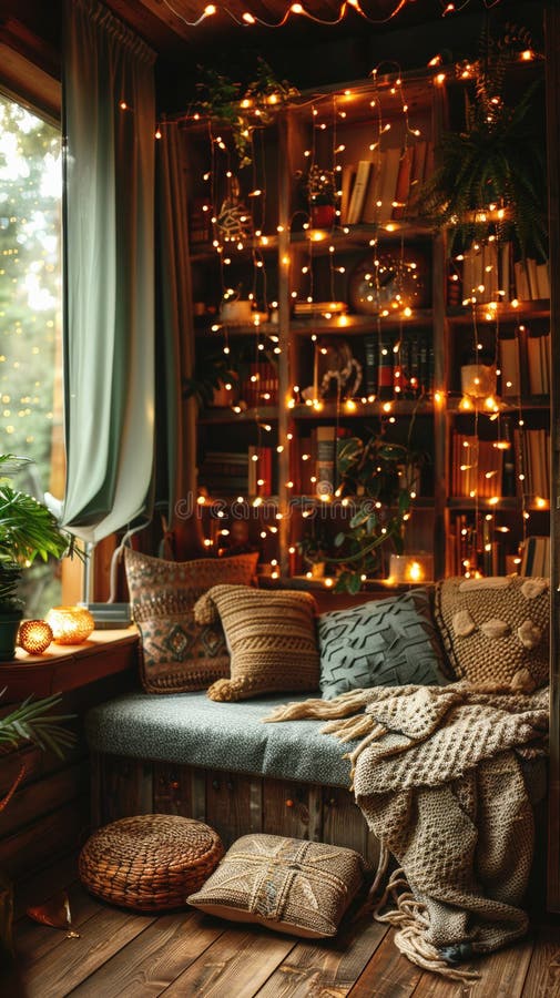 Cozy Reading Nook with String Lights, Pillows, and Blankets, Ideal for Relaxation and Home Decor ...