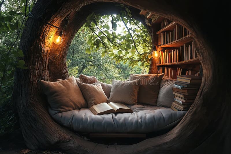 Cozy Reading Nook in a Tree Under Bright Sunlight Surrounded by ...