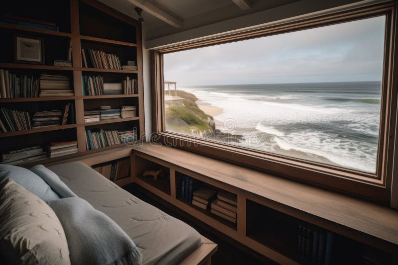 Cozy Reading Nook with a View of the Beach, Waves Rolling in Stock ...