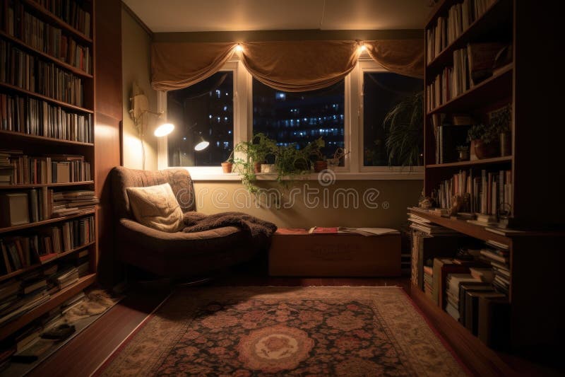 A Cozy Reading Nook, with a View of the Library S Bookshelves and Warm ...