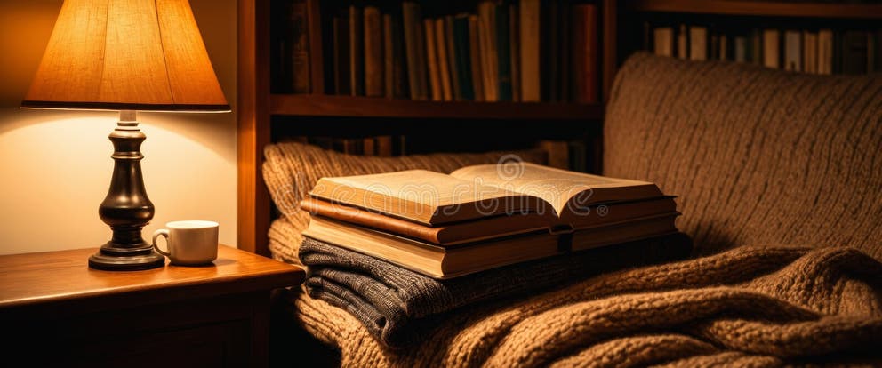 Cozy Reading Nook with Warm Lighting and Stack of Books on a Comfy Sofa ...