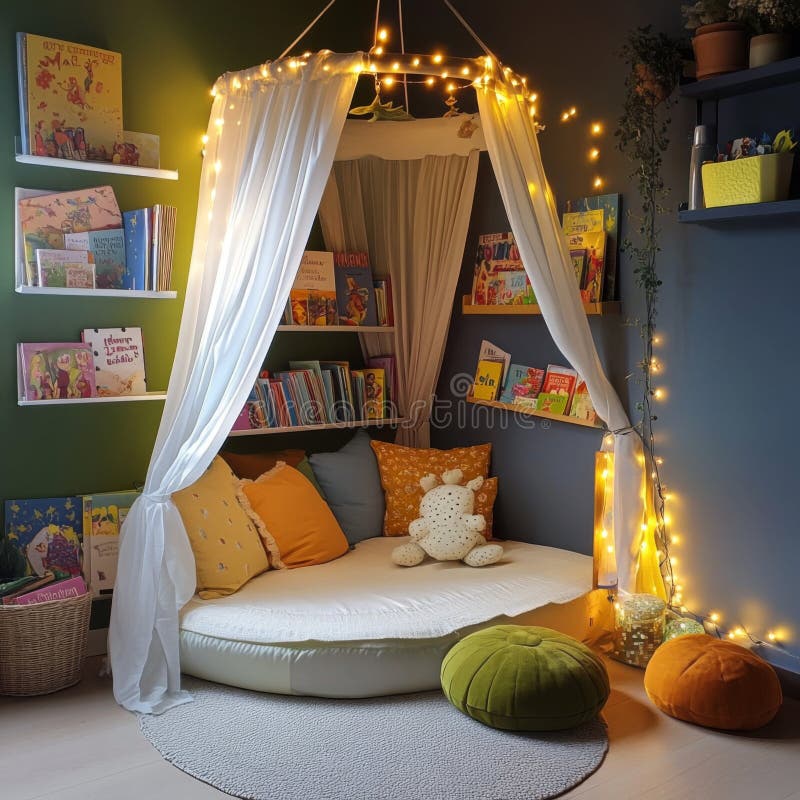 Cozy Reading Nook with White Canopy, Bookshelves, and String Lights Stock Illustration ...