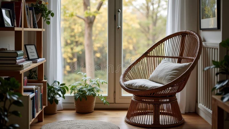 Cozy Reading Nook with Wicker Chair and Plants by Large Window ...