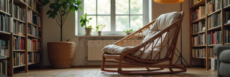 Cozy Reading Nook with Wicker Chair in Sunlit Home Library Stock Photo ...