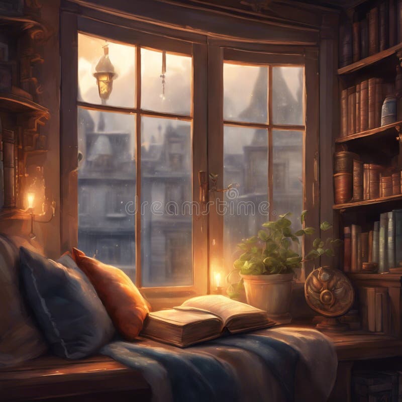 Cozy Reading Nook by the Window with Books and Lantern Stock Image ...