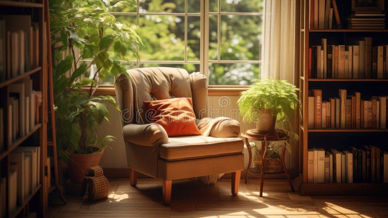 A Cozy Reading Room with an Armchair and a Bookshelf and a Large Window ...