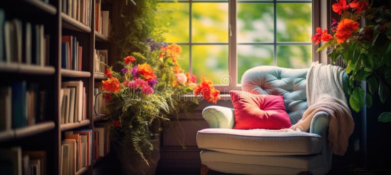 A Cozy Reading Room with an Armchair and a Bookshelf and a Large Window ...