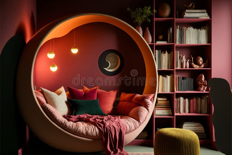 Cozy reading room interior stock illustration. Illustration of pillows ...