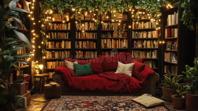 Cozy Reading Room with Red Sofa and Warm Lighting Stock Illustration ...