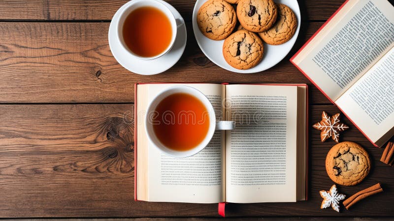 Cozy Reading Scene with Tea and Cookies on Wooden Table Stock Photo ...