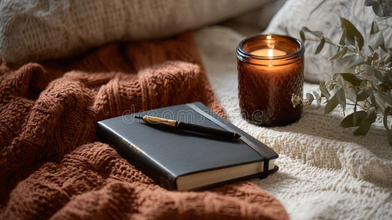 Cozy Reading Setup with Book and Candle on Bed Stock Photo - Image of ...