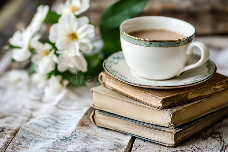 Cozy Reading Setup with Books, Tea and Flowers on Rustic Table Stock ...