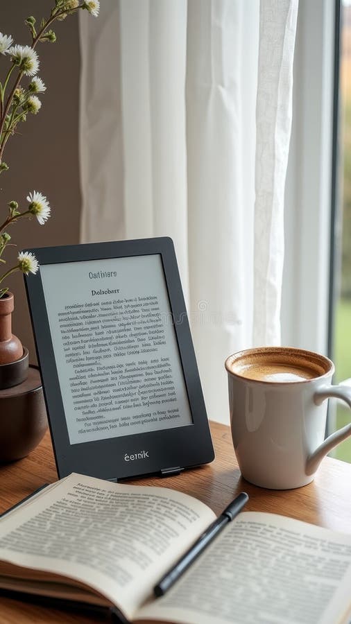 Cozy Reading Setup with E-reader, Open Book, and Coffee on Wooden Table ...