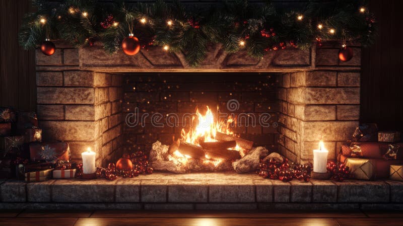 Cozy and Realistic Fireplace with Delicate Decorations, Flickering Fire ...