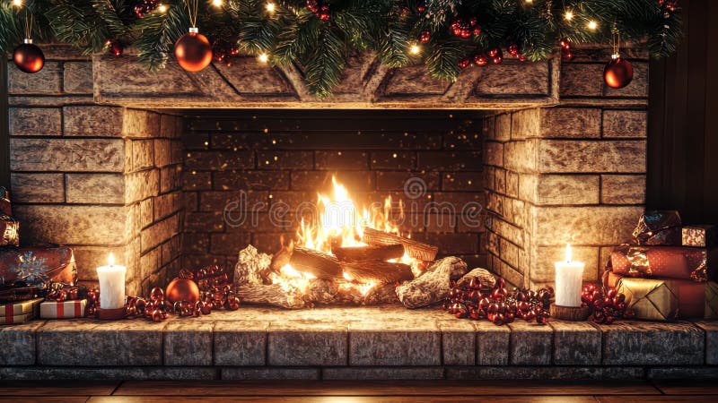 Cozy and Realistic Fireplace with Delicate Decorations, Flickering Fire ...