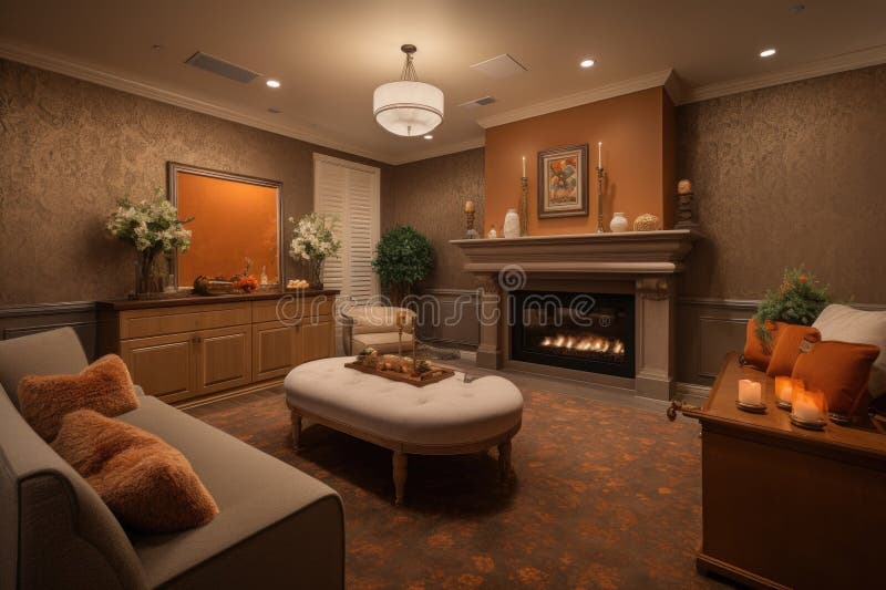 A Cozy Reception Area with a Fireplace and Plush Seating Stock ...