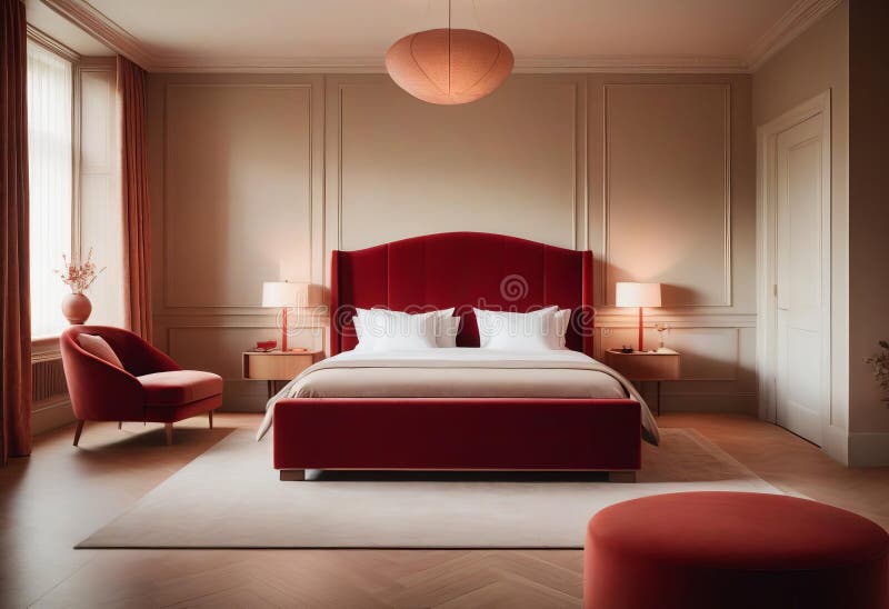 A Cozy Red Bedroom with a Plush Stock Illustration - Illustration of ...