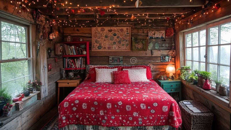 Cozy Red Bedroom with String Lights and Artwork Stock Illustration ...