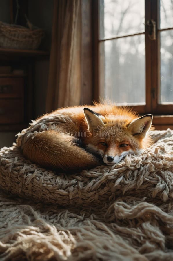 Cozy Red Fox Napping on Soft Blanket Near Window Stock Illustration ...