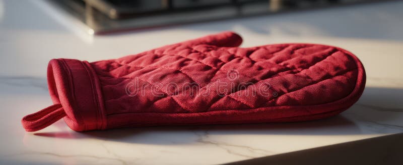 The Cozy Red Oven Mitt Resting on a Marble Countertop in a Modern ...