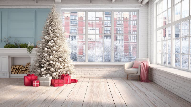 Cozy Red Room with a Decorated Christmas Tree, Wrapped Presents, and ...