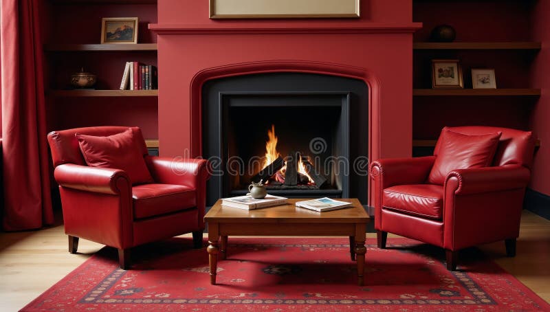 A Cozy Red Room with a Fireplace and Two Red Leather Armchairs Stock ...