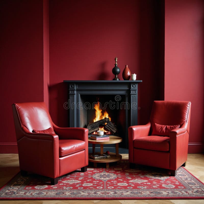 A Cozy Red Room with a Fireplace and Two Red Leather Armchairs Stock ...