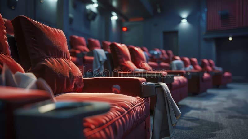 Cozy Red Seats in a Modern Cinema Hall with Soft Lighting and Blankets ...