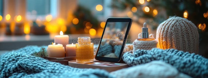 A Cozy, Relaxed Composition Featuring Mobile Device, Candles, and Warm ...
