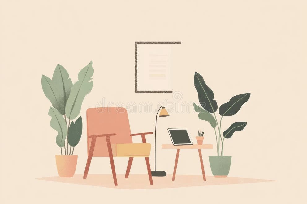 Cozy Remote Work Abstract Setup with Lamp, Tablet, and Plants in a ...