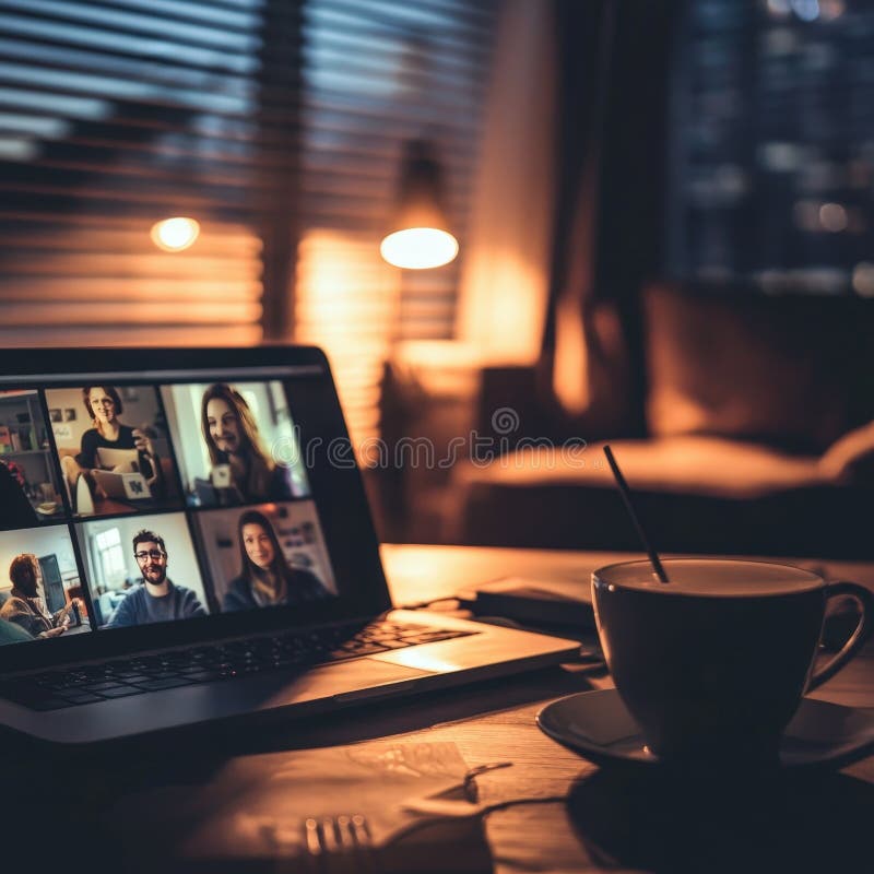 Cozy Remote Work Setup during Evening Hours Stock Image - Image of desk ...