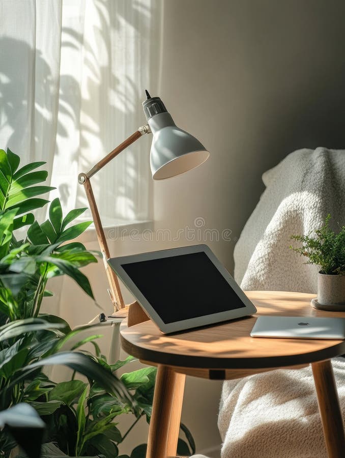 Cozy Remote Work Setup Featuring a Lamp, Tablet, Plants, and Chair on a ...
