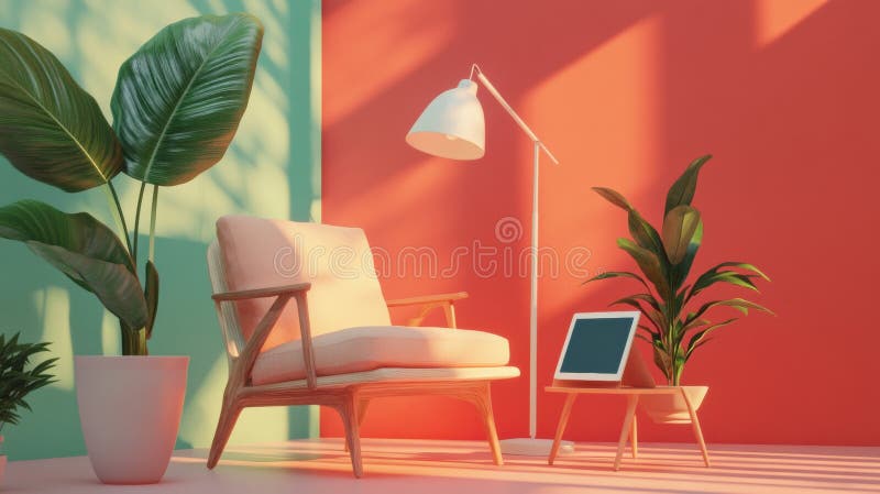 Cozy Remote Work Setup Featuring a Tablet, Lamp, Plants, and Chair in a ...