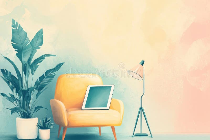 Cozy Remote Work Setup with Lamp, Tablet, Plants, and Chair in Pastel ...