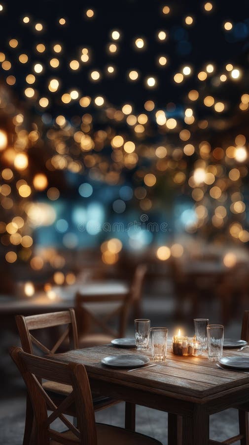 Cozy Restaurant Dining Area with Warm String Lights Stock Illustration ...